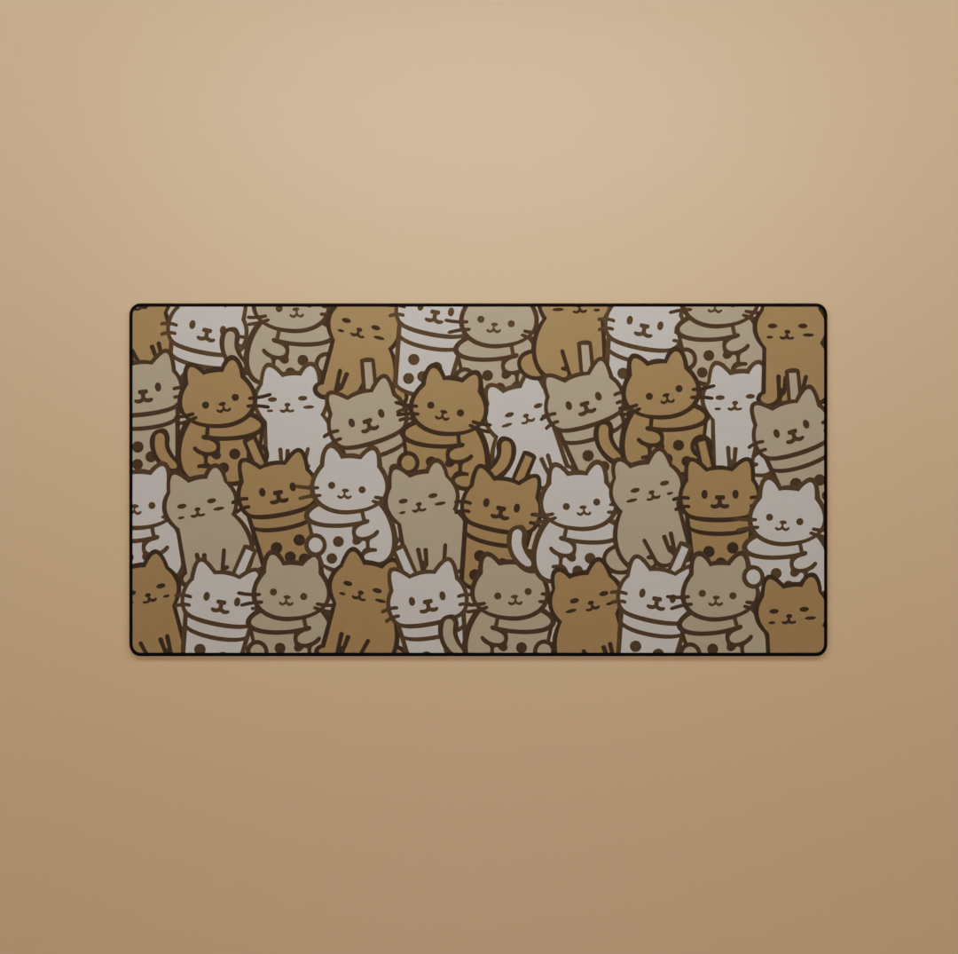 Boba Cat Deskmat – Cute Neutral Brown Boba Cat Desk Mat | KenoKeys